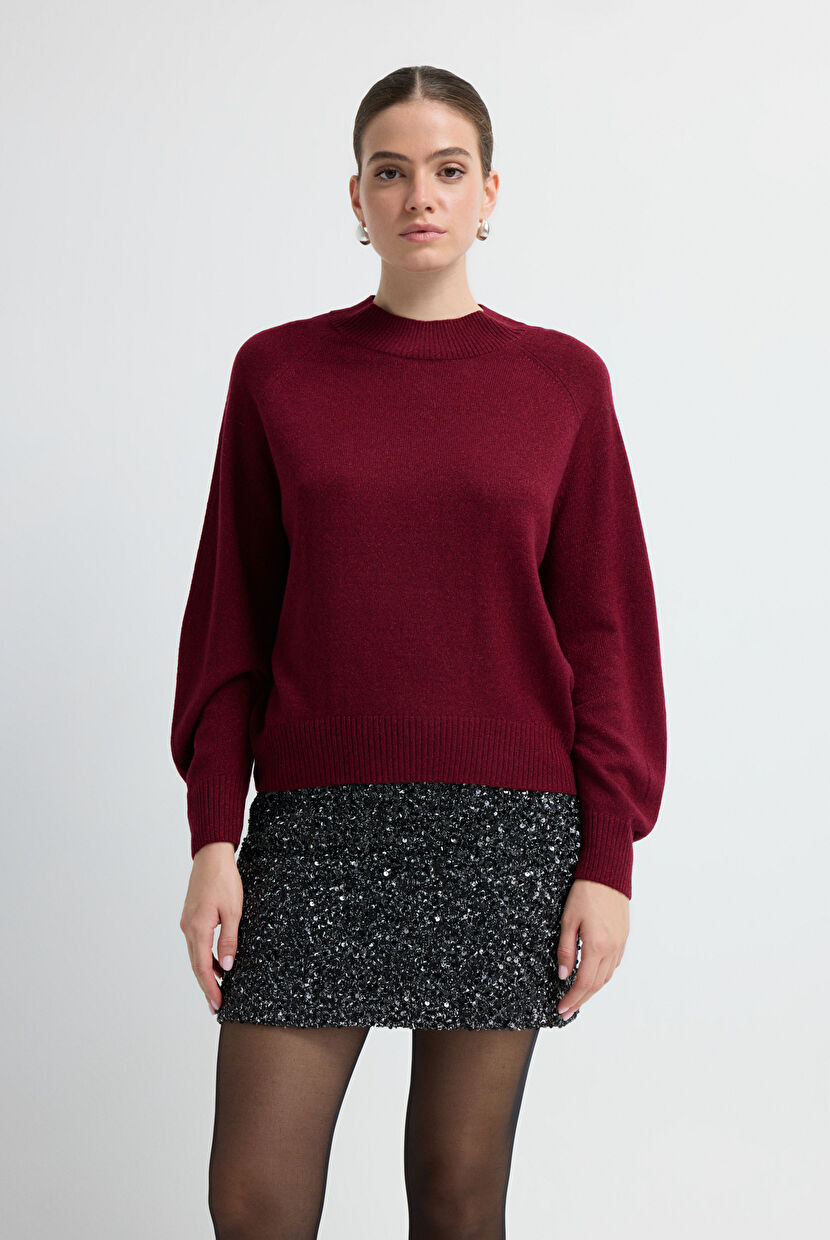 Claret Red Glitter Detailed Cashmere Knitwear Sweater 13945300000-012 | adL